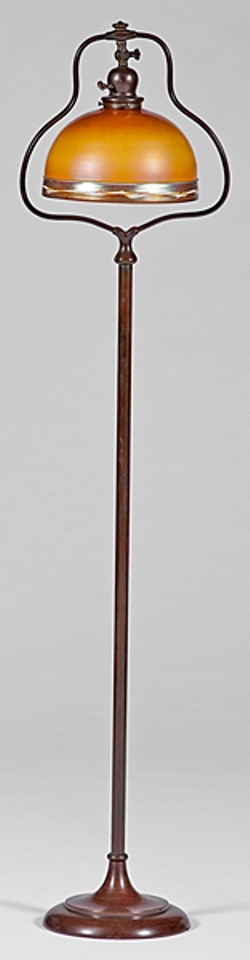 Floor Lamp; American, Handel, Harp Base, Steuben Banded Shade, 57 inch.