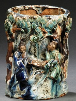 Brush Pot; Japanese Pottery, Sumida Gawa, Scholar recluses seated on ...