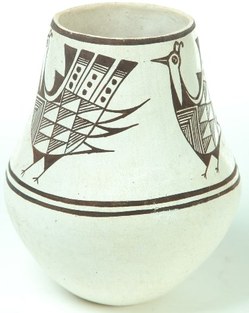 Pottery; Acoma, Jar, Chino (Marie), Bird Decoration, 9 inch.