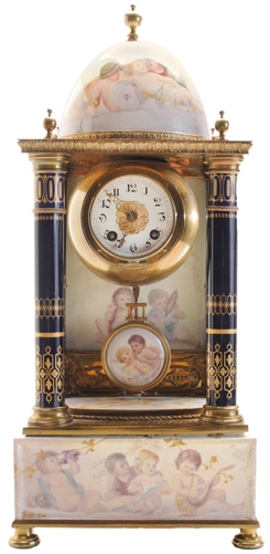 Mantel Clock; Vienna Style, Painted Porcelain, Dome & Columns ...