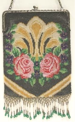 Handbag-Purse; Beaded, Pink Rose Design, Gold Plumes & Purple Flowers ...