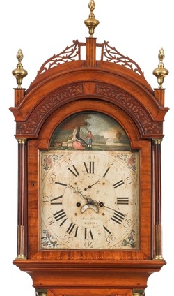 Tall Case Clock; Massachusetts, Federal, Willard (Aaron), Mahogany, Arched Bonnet, Fretwork, Asa ...