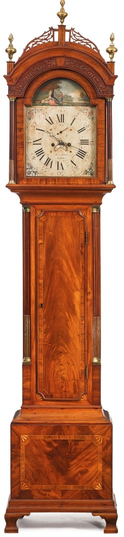Tall Case Clock; Massachusetts, Federal, Willard (Aaron), Mahogany, Arched Bonnet, Fretwork, Asa ...