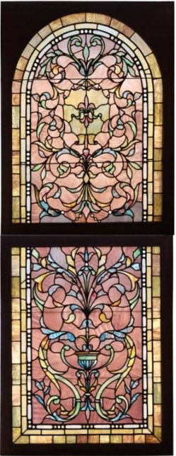 Stained Glass; Window, Arched, Urn with Swirling Filigree, Brickwork ...