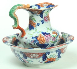 Gaudy Ironstone; Mason's Patent, Floral Pattern, Pitcher & Washbowl or ...