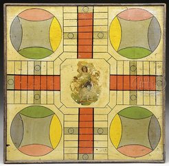 Gameboard; Checkers & Parcheesi, Polychrome & Grain Painted, 19 inch.