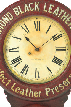 Advertising Clock; Baird Clock Co, Diamond Black Leather Oil, 31 inch.