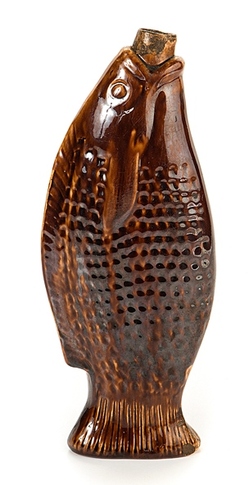 Yellowware; Flask, Fish, Brown Glaze, 10 inch.