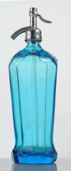 Seltzer Bottle; NeHi Beverage Co, Boise Idaho, Blue, Etched, 13 inch.
