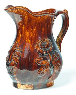 Pottery; Douglas (W), Pitcher, Rose Decoration, Rockingham Glaze, 12 inch.