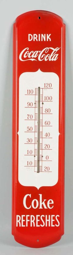 Thermometer; Coca-Cola, Coke Refreshes, Red Ground, Porcelain, 36 inch.
