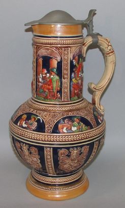 Pottery; German, Gerz, Wine Jug, Bulbous, Drinking & Merry Making ...