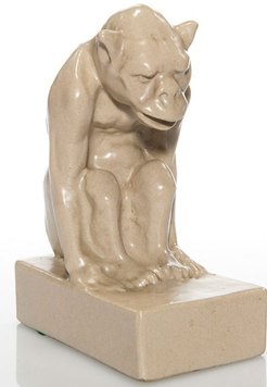 Bookend; TECO Pottery, Gargoyle seated on Plinth, Matte Gray Glaze, 7 inch.