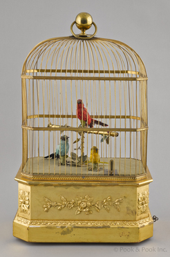 Music Box; Singing Birds (3), Gilt Cage, Coin Operated, French, 23 inch.