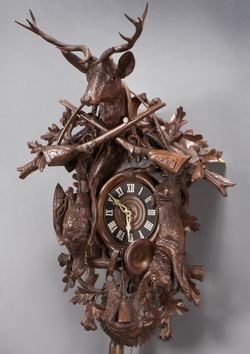 Cuckoo Clock; Black Forest, Stag & Guns Crest, Hunting Horn Dial ...