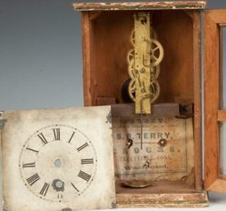 Shelf Clock; Terry (Silas B), Snakeskin, Frosted Glass, Brass Movement ...