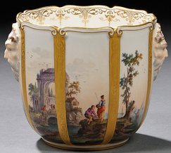 Meissen Porcelain; Cachepot, Paneled, Figures in Landscape, Satyr Mask ...