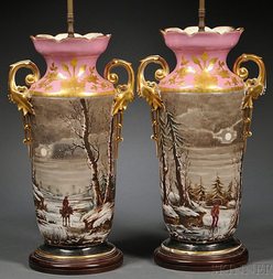 Limoges Porcelain; Vases or Table Lamps (2), Figures in Winter ...