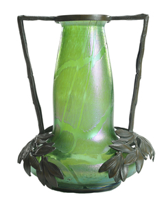 Loetz Glass; Vase, Iridescent Patterns, Green Ground, Bronze & Brass ...