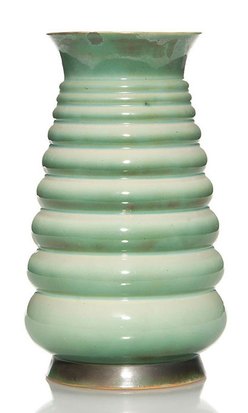 Roseville Pottery; Futura, Vase, Michelin Tire, Pale Green, 10 inch.
