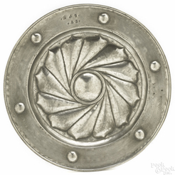 Pewter; Alms Dish, Raised Swirl Pattern, Dutch, Crown & Rose Mark, 14 inch.