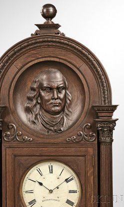 Regulator Clock; Waltham, Oak, Arch Top, Benjamin Franklin Bust, Brass ...