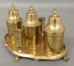 Inkstand; Colonial Williamsburg Reproduction, Brass, 3 Inkwells, 2 ...