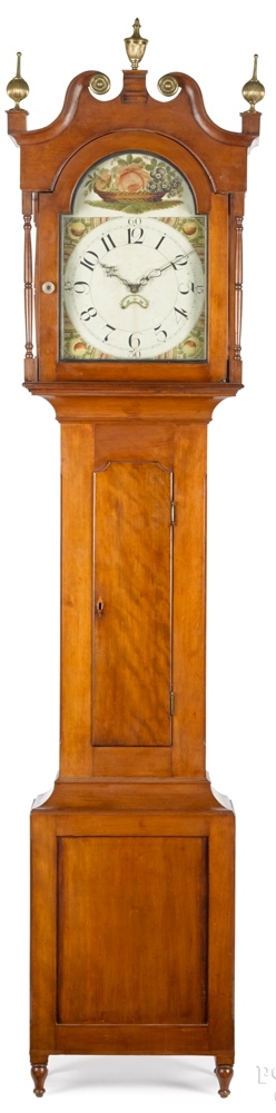 Tall Case Clock; Pennsylvania, Sheraton, Cherry, Broken Arch, Painted Dial, 30 Hour, Cope ...