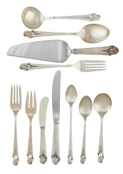 Flatware; Sterling Silver, Smith (Frank W), Woodlily Pattern, 82 Pieces.