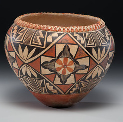 Pottery; Acoma, Jar, Geometric Decoration, Piecrust Rim, 12 inch.