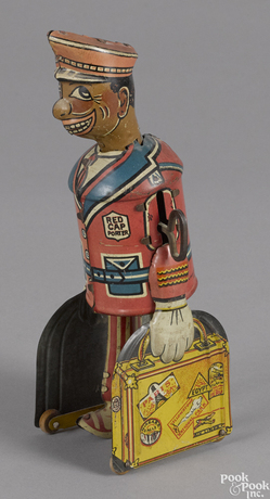 Wind Up Toy; Marx, Red Cap Walking Porter, Tin Lithograph.