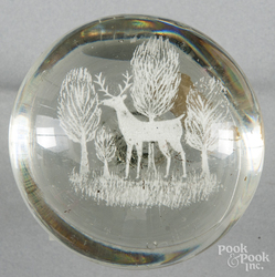 Paperweight; Kane (Michael) ?, Deer & Trees, Frit, 3 inch.