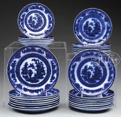 Flow Blue; Temple, Plates (29), 7 to 10 inch.