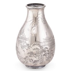 Vase; Silver, Japanese, Meiji?, Jungin mark, Yukiteru Engraved Mountain ...