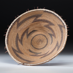 Basket; Pomo, Bowl, Coiled, Zigzag Designs, Shells & Feathers, 21 inch.