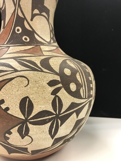 Pottery; Acoma, Vase, Fluted neck, Floral & Geometric Secoration, 11 inch.