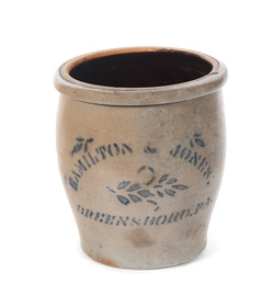 Stoneware; Hamilton & Jones, Crock, Ovoid, Cobalt Leaf Decoration, 8 inch.