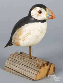 Folk Carving; Puffin, Carved & Painted, Driftwood Base, signed Guge 85 ...