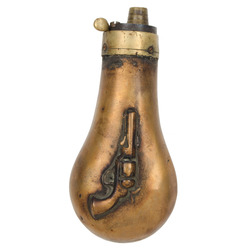 Powder Flask; Colt, Embossed Revolver, Copper, Brass Top, 4 inch.