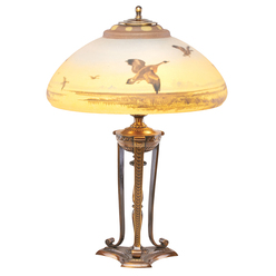 Table Lamp; Pairpoint Glass, Reverse Painted, Canada Geese in Flight ...