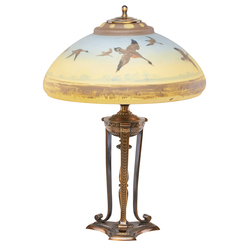 Table Lamp; Pairpoint Glass, Reverse Painted, Canada Geese in Flight ...