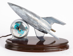 Desk Clock; Lanshire, Rocket Ship, Chrome, 15 inch.