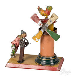 Steam Powered; Accessory, Windmill, Painted Tin, Clown & Rooster, 9 inch.