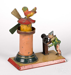 Steam Powered; Accessory, Windmill, Painted Tin, Clown & Rooster, 9 inch.