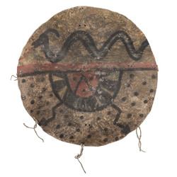 Shield; Pueblo, Hide, Paint Decorated, Water Serpent, Lightning Bolt & Dots, 18 inch.