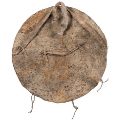 Shield; Pueblo, Hide, Paint Decorated, Water Serpent, Lightning Bolt & Dots, 18 inch.