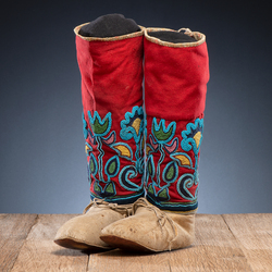 Moccasins; Nez Perce, Beaded Red Wool, High Top, Floral Designs, 15 inch.