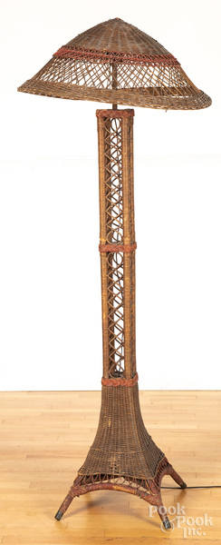 Floor Lamp; Wicker, Square Column, Outswept Legs, Dome Shade, 70 inch.