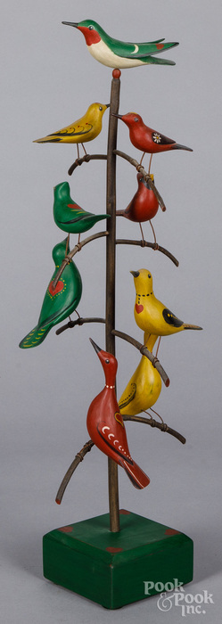Folk Carving; Scheel (MK), Bird Tree, Polychrome, 9 Birds, Post & Twig ...