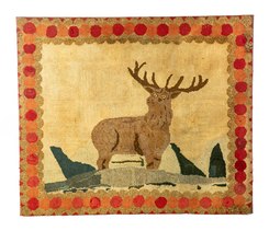 Hooked Rug; American, Animal, Stag, Standing, Circle Border, 48 inch.